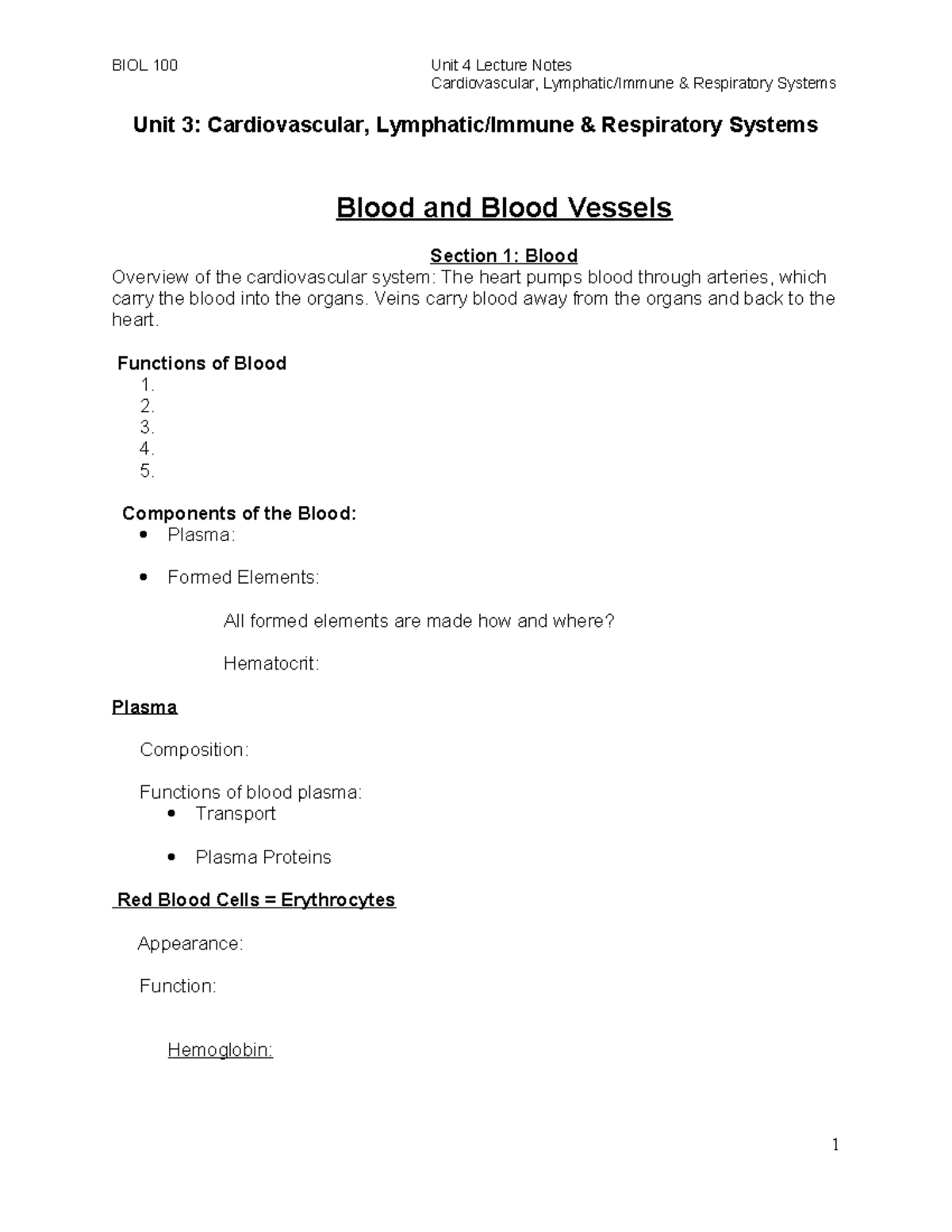 BIOL 100 Unit 4 Lecture Notes: Cardiovascular, Lymphatic & Respiratory ...