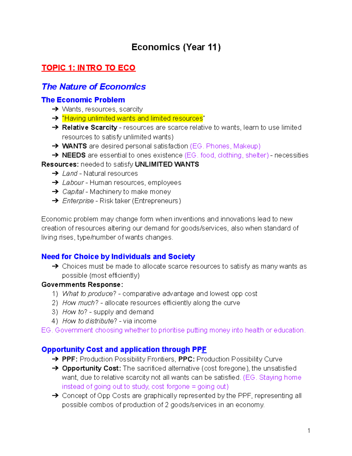 Year 11 Economics Notes: Introduction to Economic Concepts and Theories ...