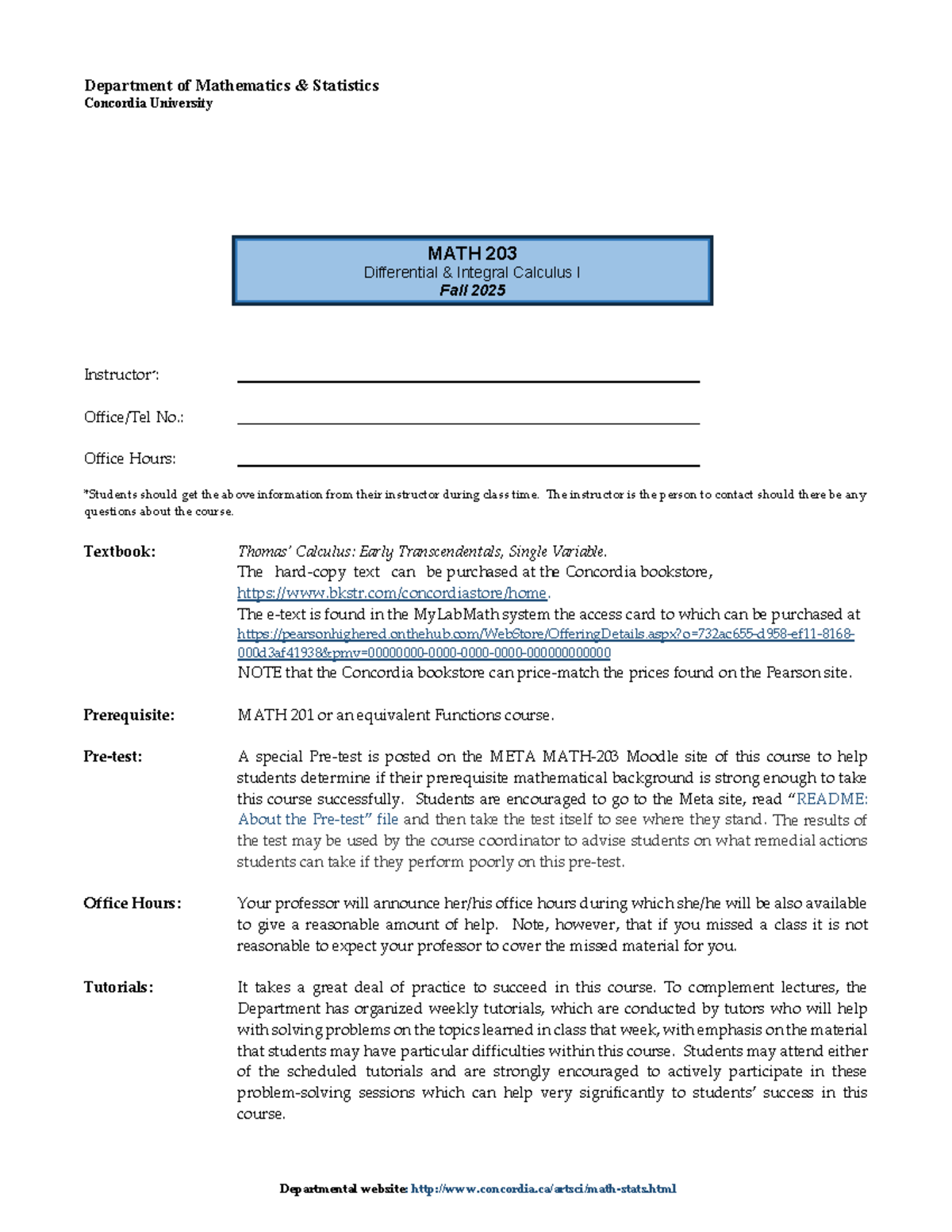 Math 203 Fall 2025 Course Outline Differential Integral Calculus I