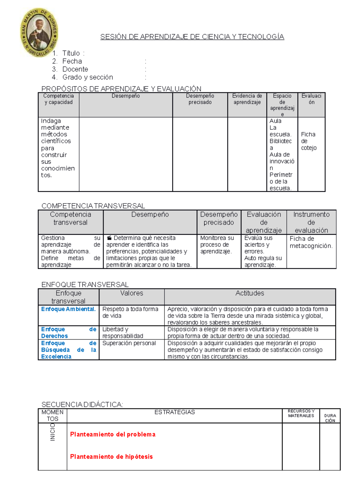 Formato de Sesión de Aprendizaje en Ciencia y Tecnología (CYT) - Studocu