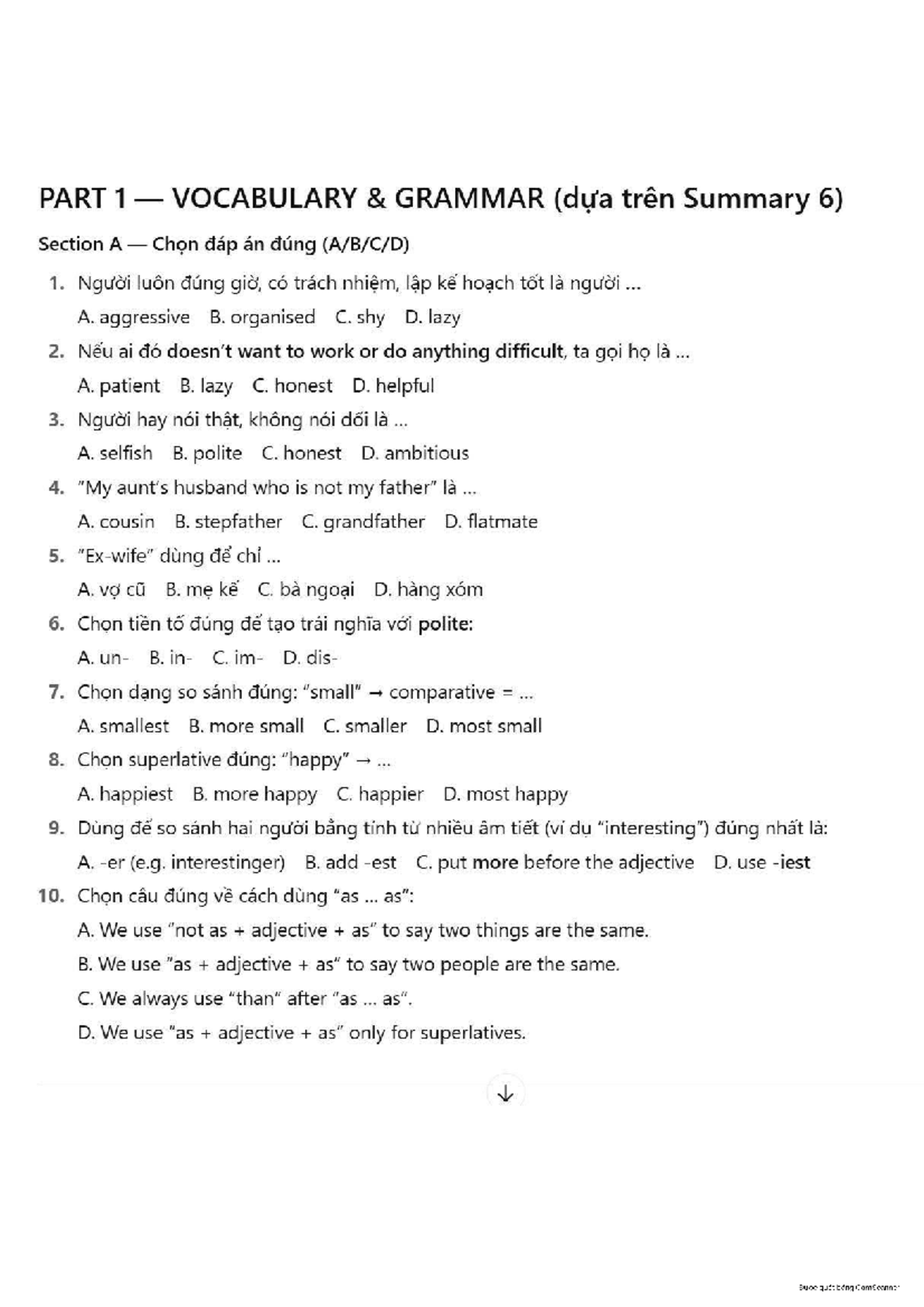 PART 1 - VOCABULARY & GRAMMAR (Summary 6) Quiz on Comparatives ...