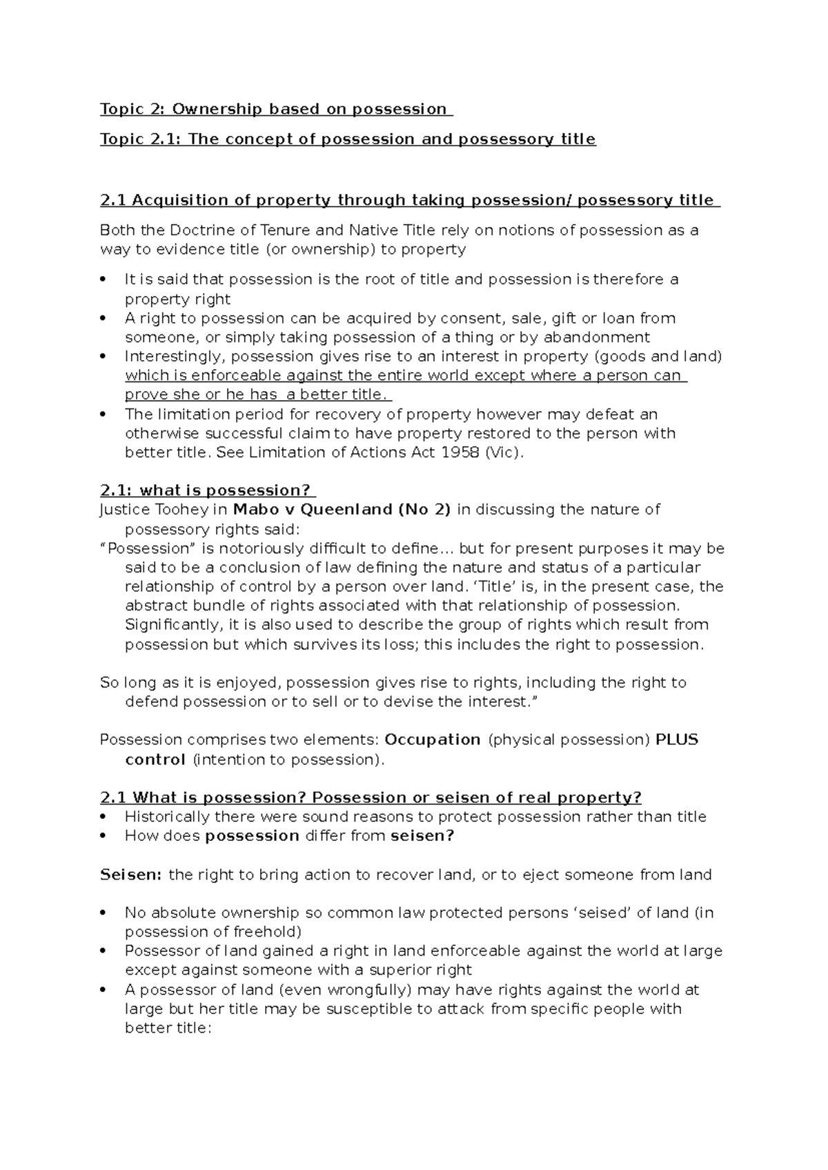 Week 2 Lecture Notes: Ownership and Possession Concepts in Law - Studocu