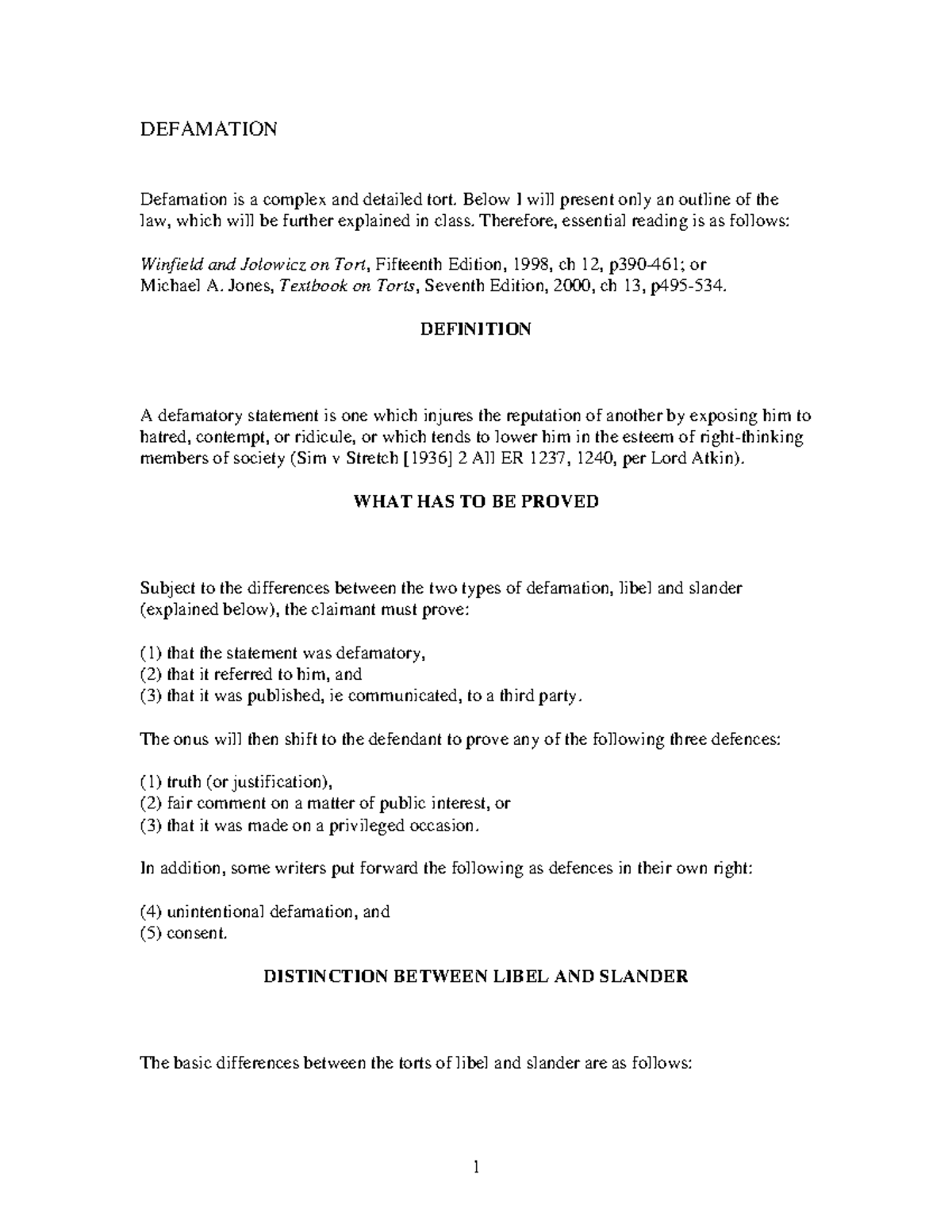 Defamation Notes - Understanding Tort Law (Law 101) - Studocu