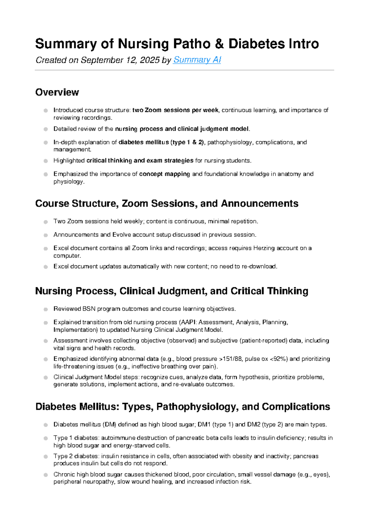 Nursing Patho & Diabetes Intro: Key Concepts & Strategies - Studocu