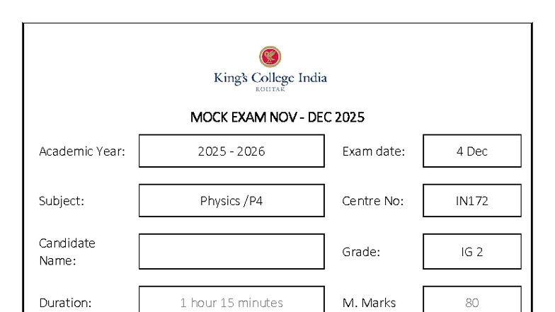 MOCK EXAM PHYSICS 0625 Paper 4-2 Dec 2025 - IG 2 M - Studocu