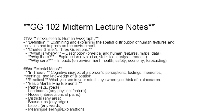102 GG102 Midterm Lecture Notes on Human Spatial Distribution and ...