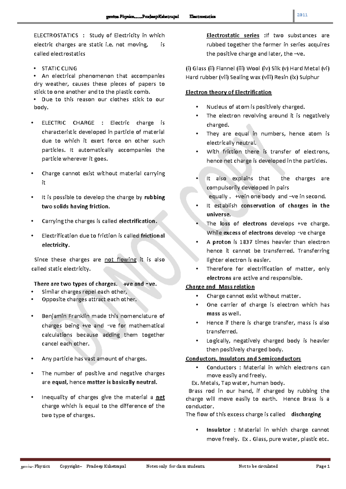 Electrostatics 2011: Comprehensive study notes by Pradeep Kshetrapal ...