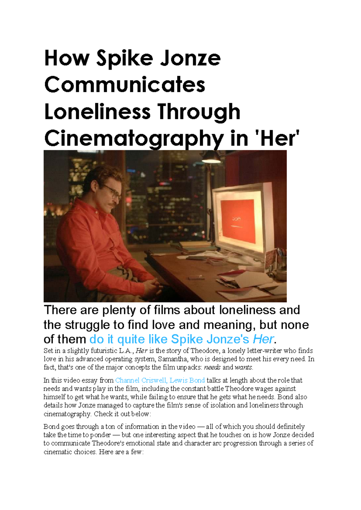 Cinematography Analysis of Spike Jonze's "Her" (Film Study) - Studocu