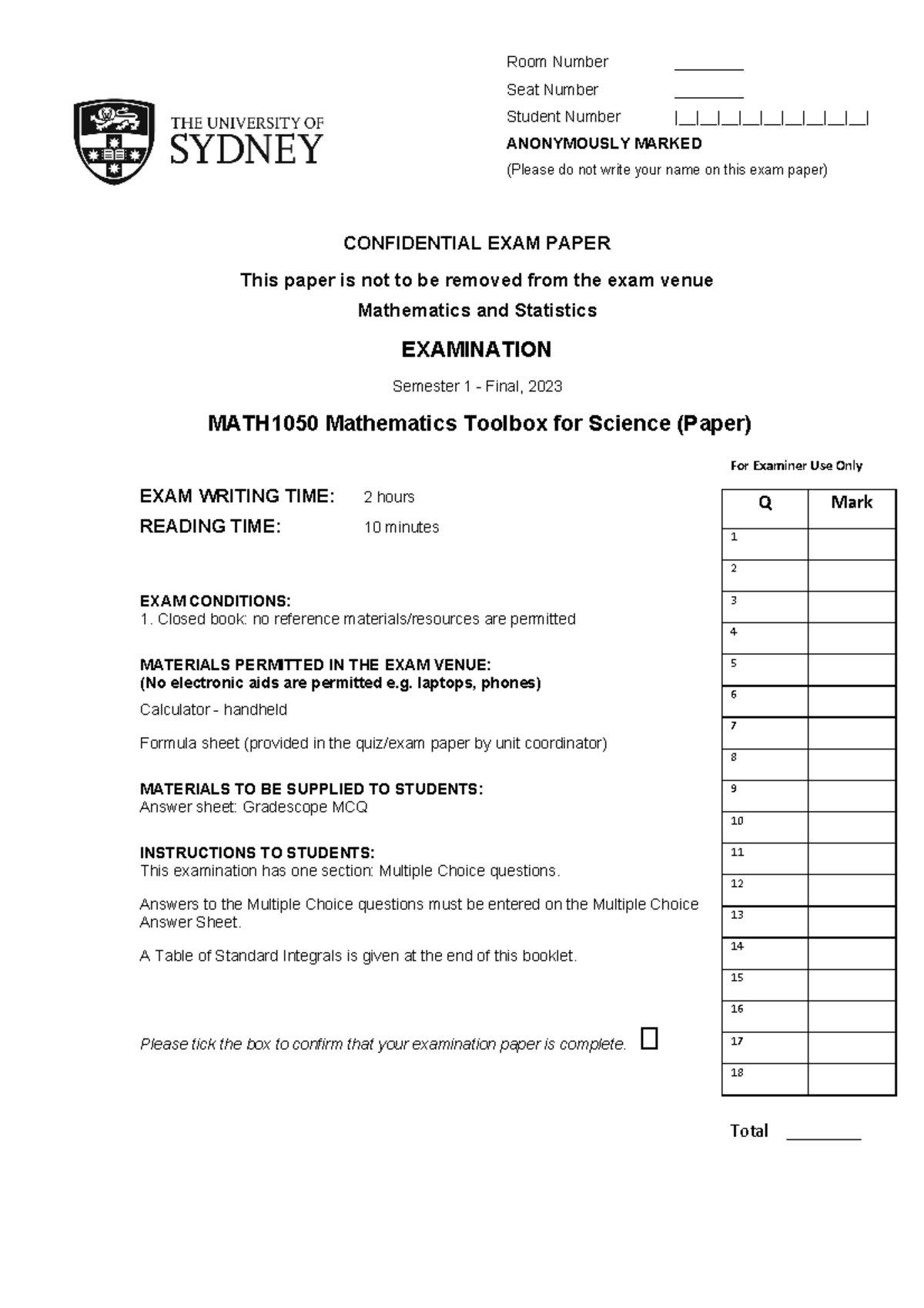 MATH1050 Final Exam Paper S1 2023 - Mathematics Toolbox for Science ...