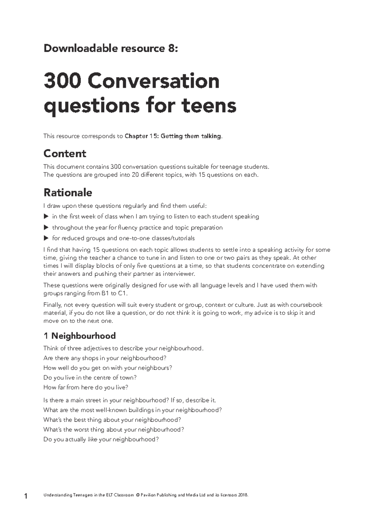 300 Conversation Questions for Teens: ELT Resource 8 - Studocu