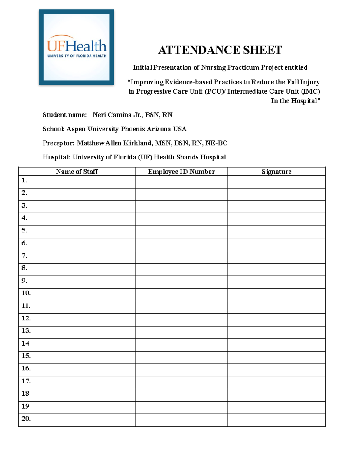 Attendance Sheet for N550 Nursing Practicum Project Presentation - Studocu
