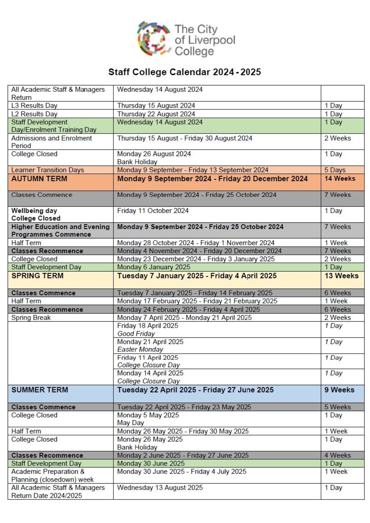 College Calendar 2024-2025: Important Dates & Staff Info - Studocu