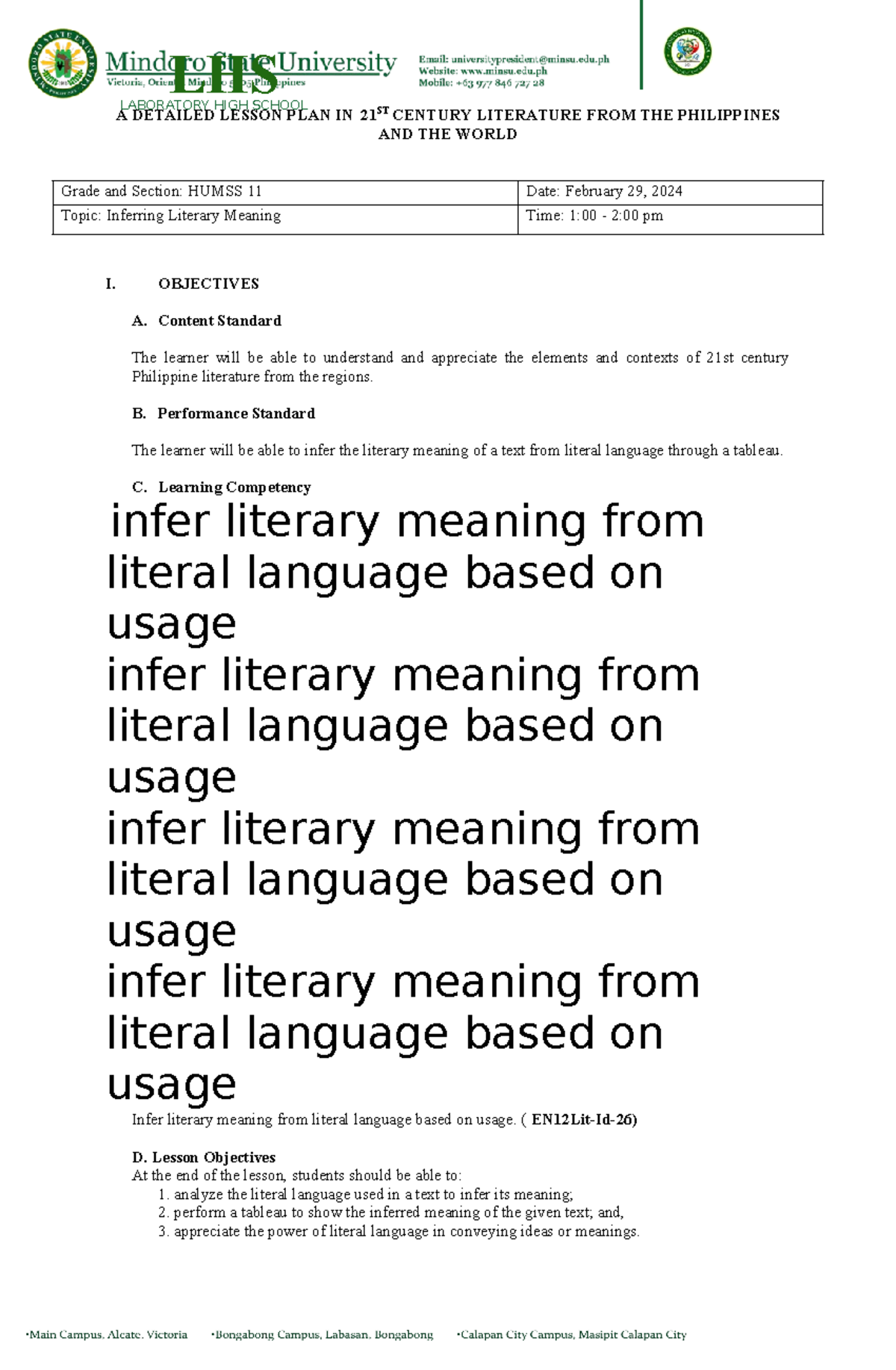 HUMSS 11 Lesson Plan: Inferring Meaning from Literal Language - Studocu