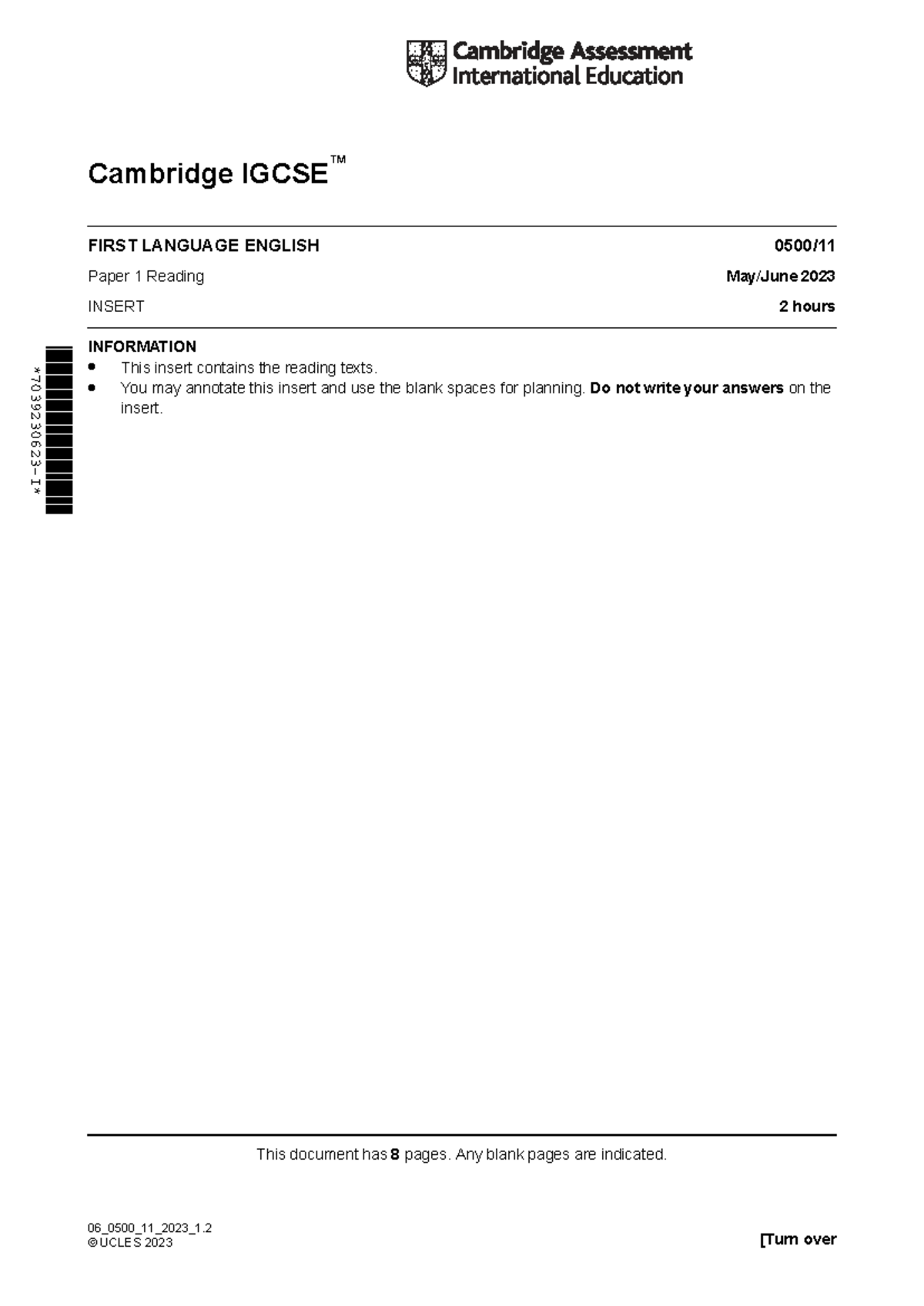 Cambridge IGCSE 0500/11/2023 - Paper 1 Reading Practice Insert - Studocu