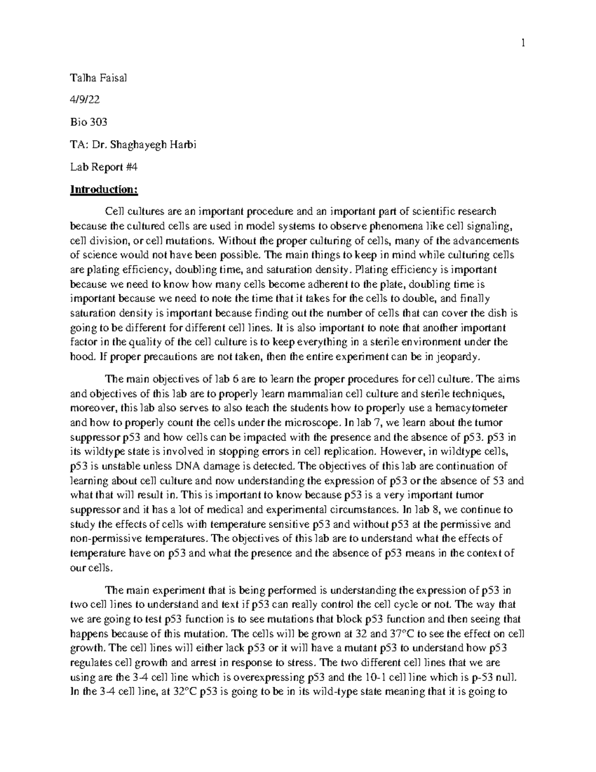 Bio 303 Lab Report #4: Analyzing p53 Expression in Cell Cultures - Studocu