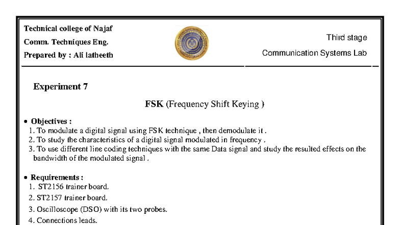 Lab ST2156/2157 - FSK Experiment 7: Modulation & Demodulation ...
