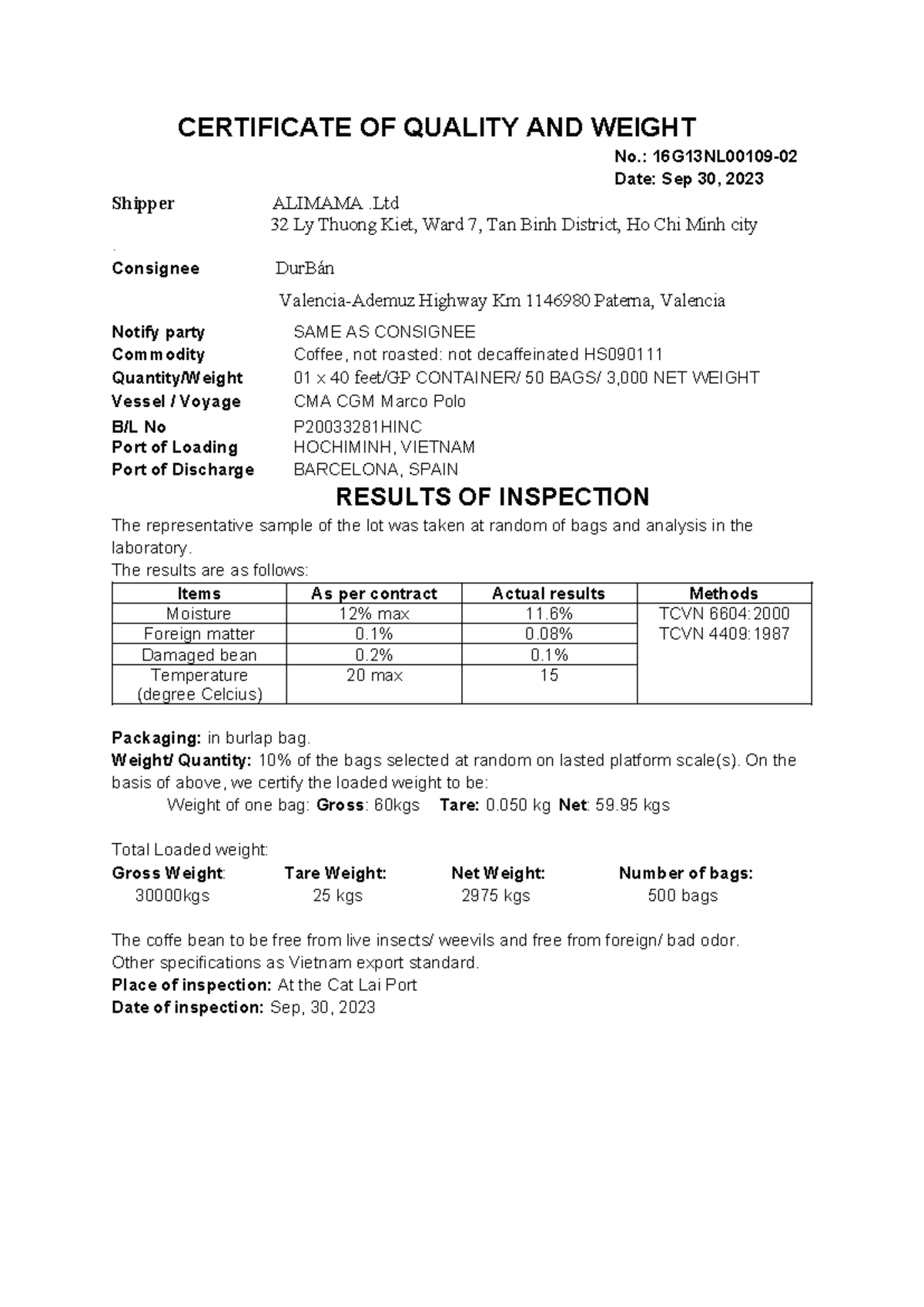 Certificate of Quality & Weight for Coffee Shipment 16G13NL00109 - Studocu