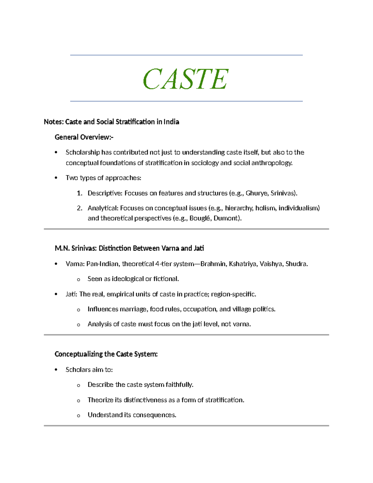 Caste and Social Stratification in India: Comprehensive Notes for CASTE ...