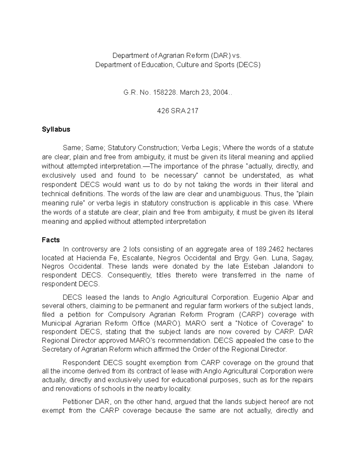 DAR-vs-DECS - Case digest - Department of Agrarian Reform (DAR) vs ...