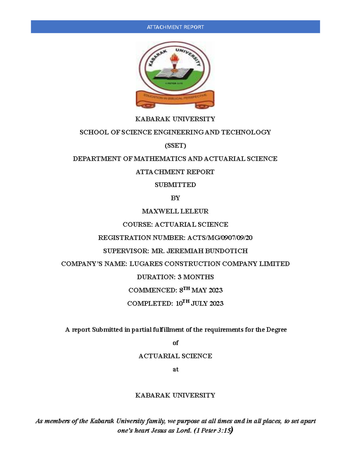 Attachment Report for Industrial Experience - Maxwell Leleur (ACTS ...