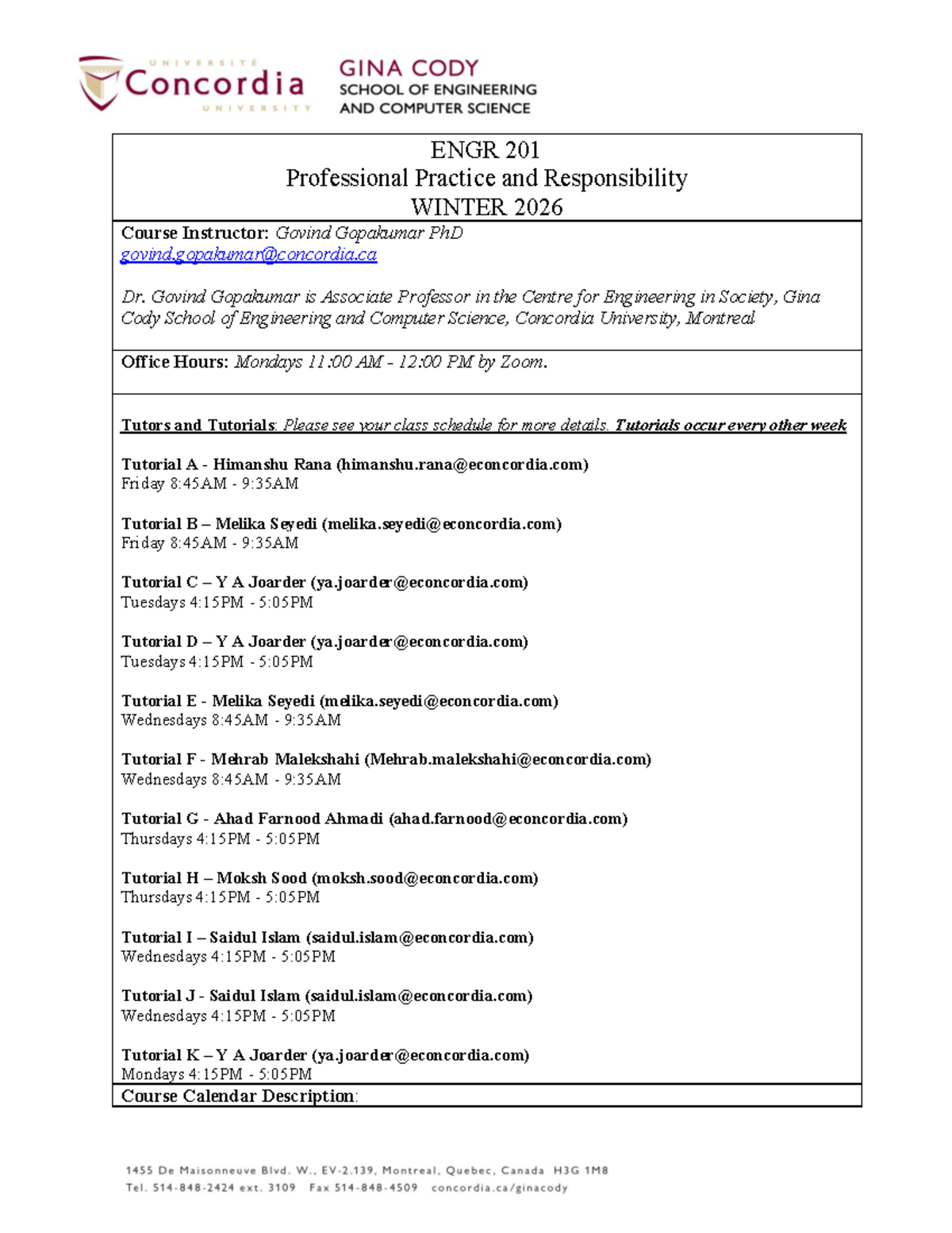 ENGR 201 Professional Practice & Responsibility Outline - Winter 2026 ...