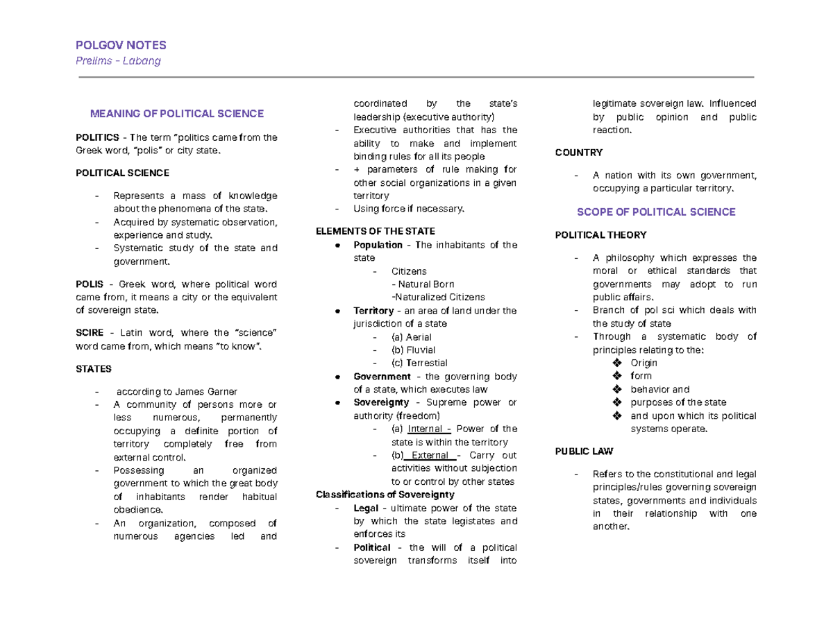 Polgov- Reviewer - Summary Politics and Governance (with Philippine ...