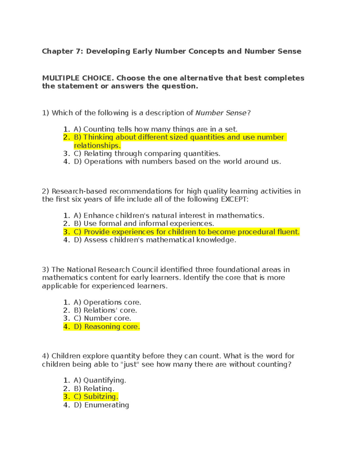 Chapter 7 Quiz Review - Chapter 7: Developing Early Number Concepts and ...
