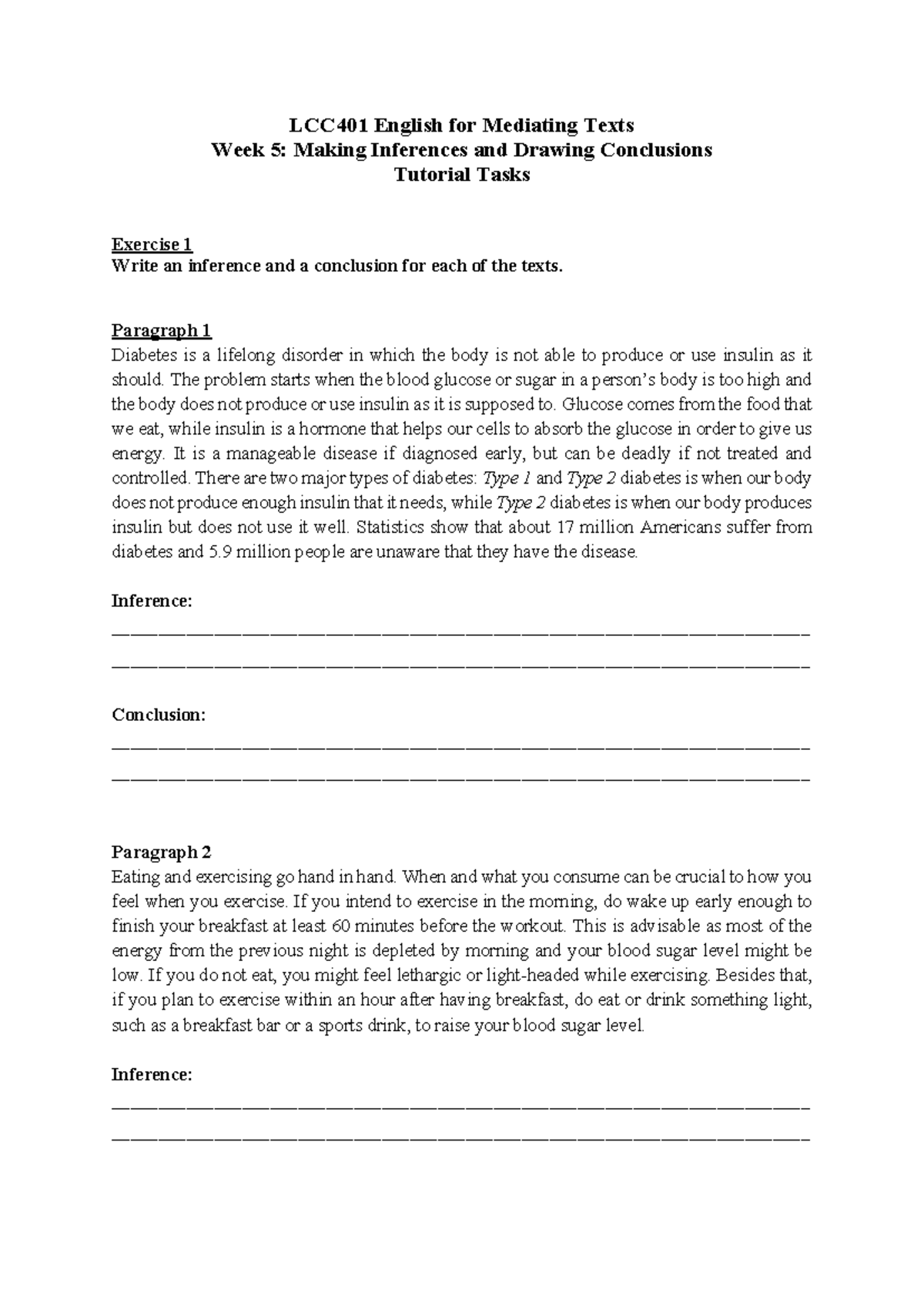 LCC401 Week 5: Inferences & Conclusions Tutorial Tasks - Studocu