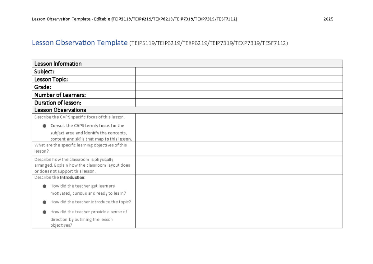 Lesson Observation Template (Editable) for 2025 - Studocu