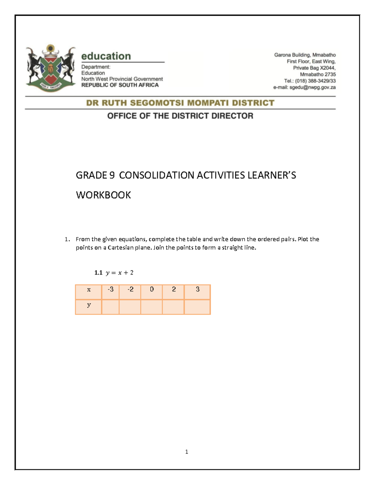 GRADE 9 CONSOLIDATED ACTIVITIES: GRAPHS & GEOMETRY WORKBOOK - Studocu