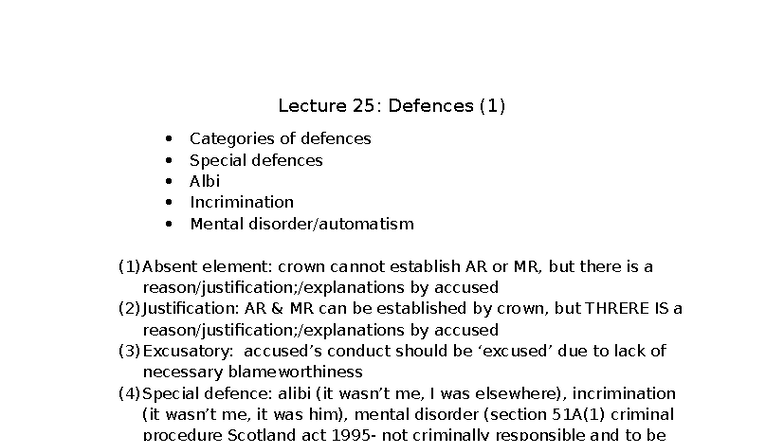 Lecture 25 & 26: Defences Overview in Criminal Law (CRIM 101) - Studocu