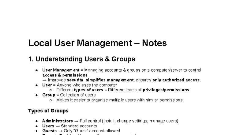 Local User Management Notes: Understanding Users & Groups (CS101) - Studocu