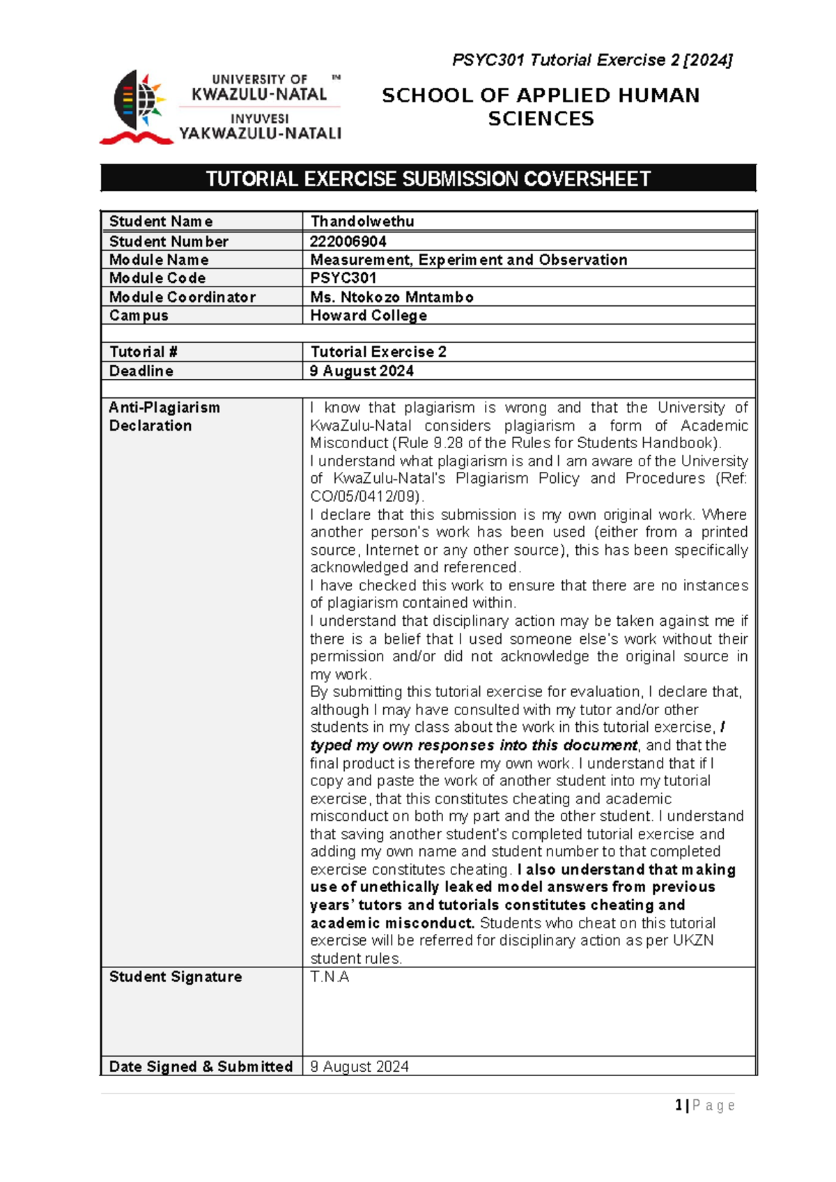 PSYC301 Tutorial Exercise 2 - SCHOOL OF APPLIED HUMAN SCIENCES TUTORIAL ...