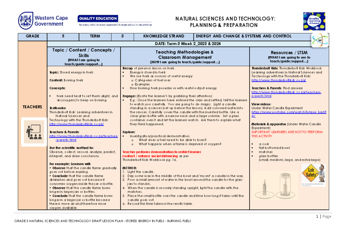 Grade 5 NATURAL SCIENCES & TECH: Lesson Plan on Energy in Fuels T3 W2 ...