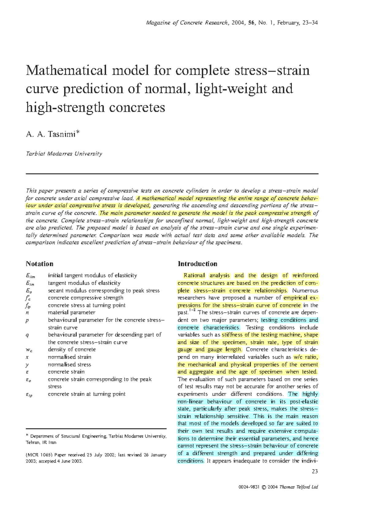 Mathematical Model for Complete Stress-Strain Curve Prediction (MCR ...