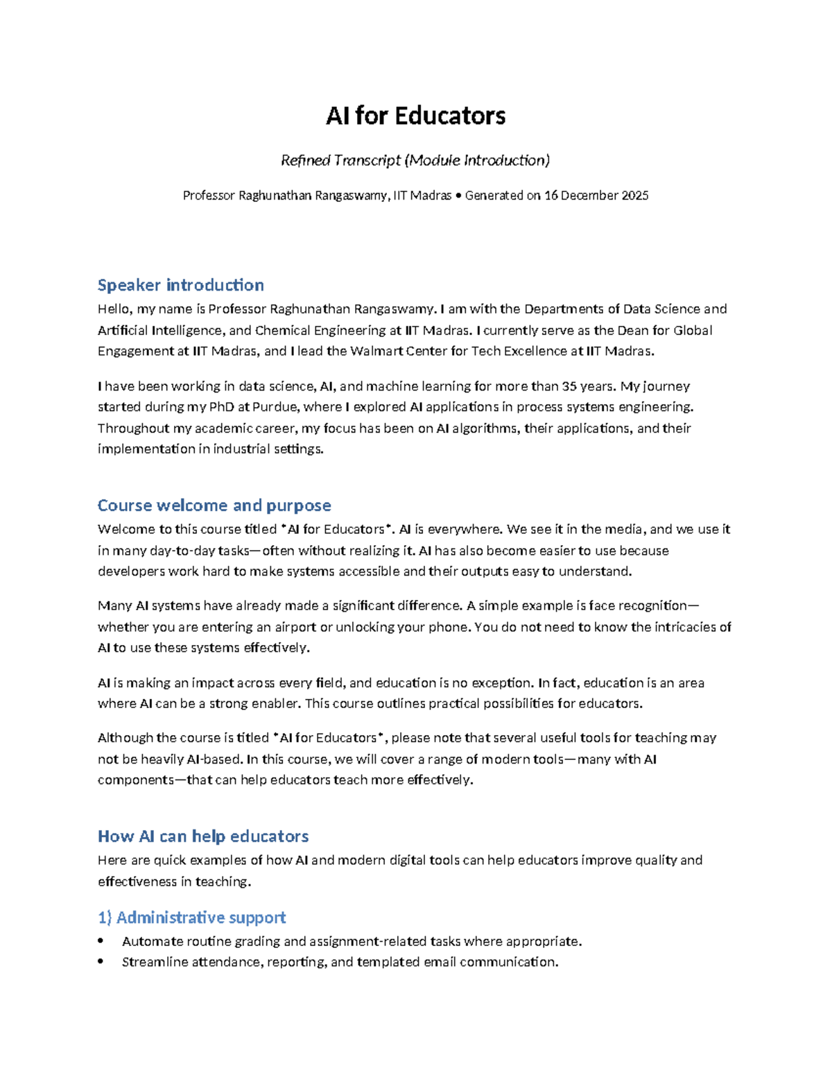 AI for Educators: Module Intro Transcript (Raghunathan, IIT Madras ...