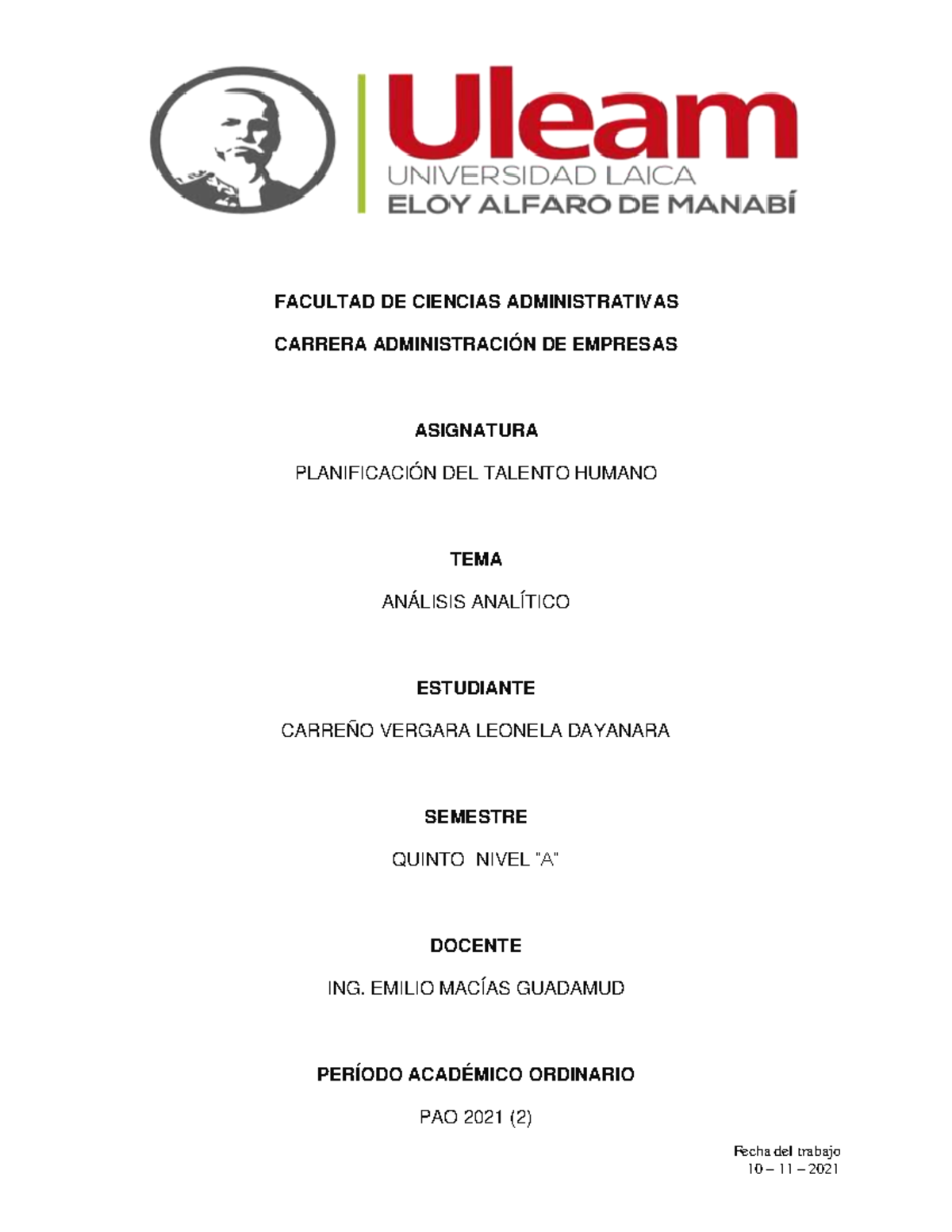 Informe Analítico - Gestión Del Talento Humano - ULEAM - Studocu