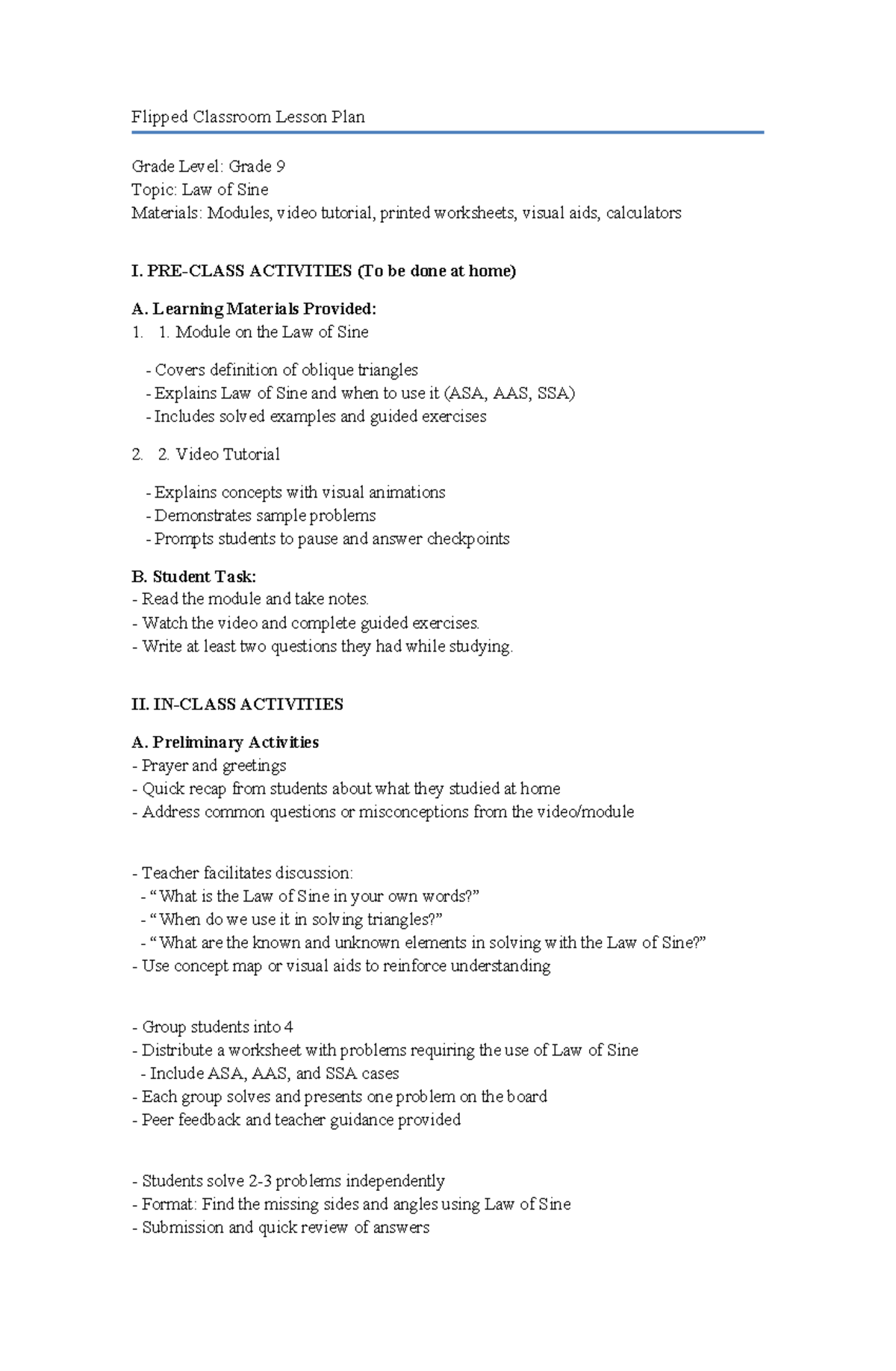 Flipped Classroom Lesson Plan: Law of Sine for Grade 9 - Studocu
