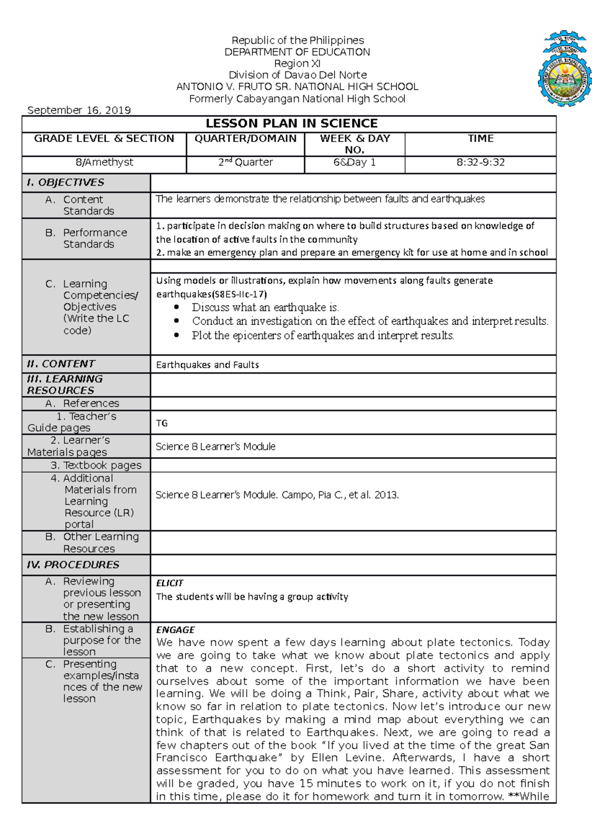 September 16,2019 - Lesson plan second quarter grade 8 - Republic of ...