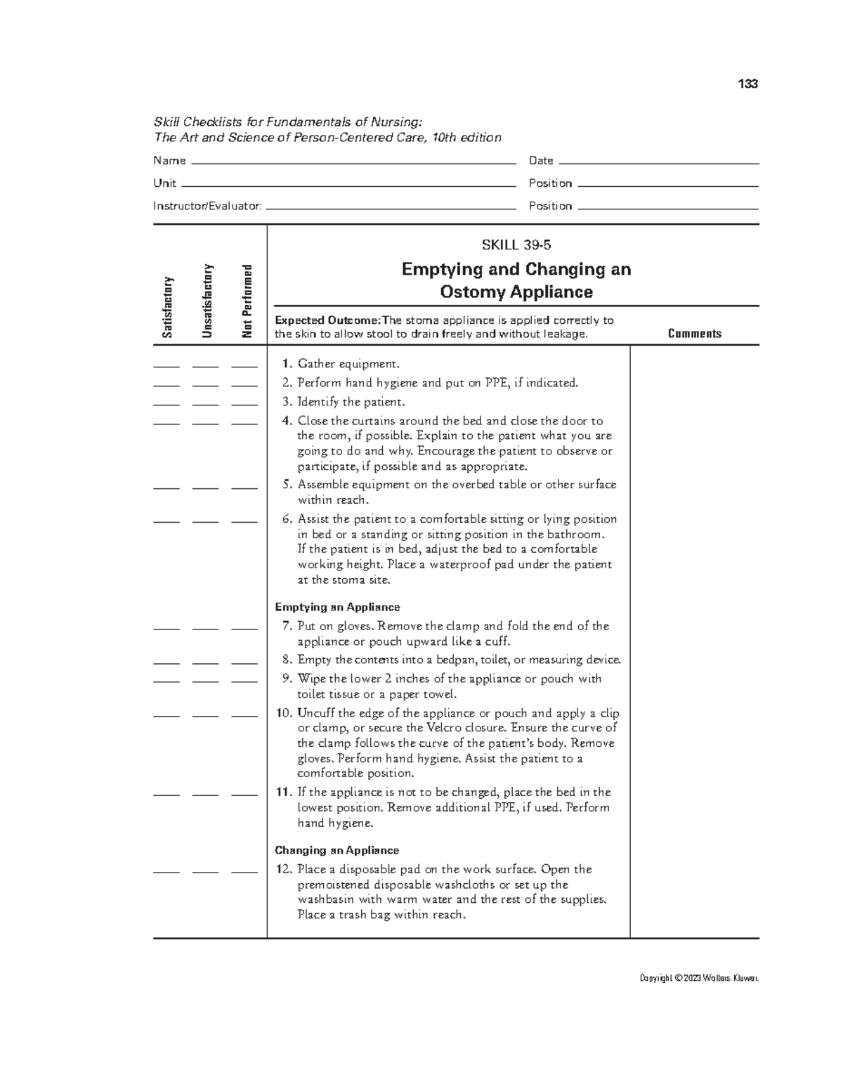 133 Skill Checklists for Nursing: Changing an Ostomy Appliance - Studocu