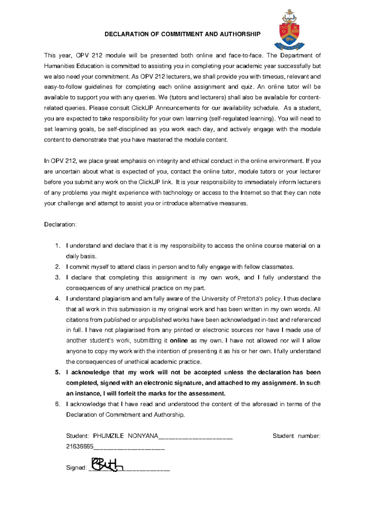 OPV 212 Declaration of Commitment and Authorship Guidelines - Studocu