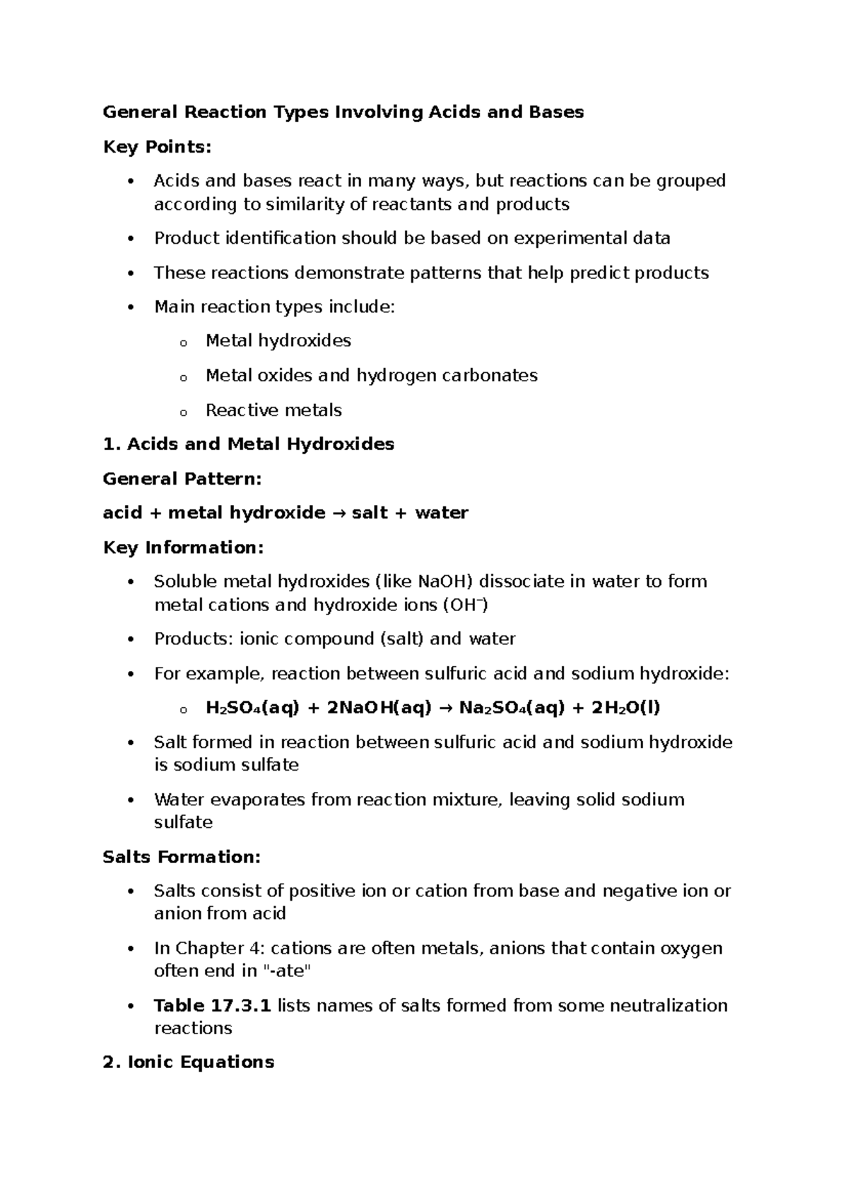 Acid-Base Reactions: Key Points and Patterns (Chem 101) - Studocu