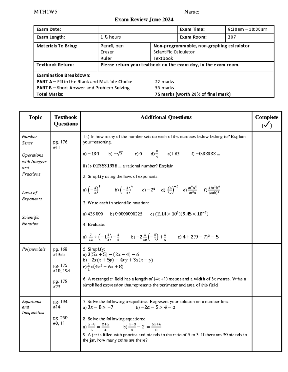 MTH1W5 Final Exam Review Guide for June 2024 - Studocu