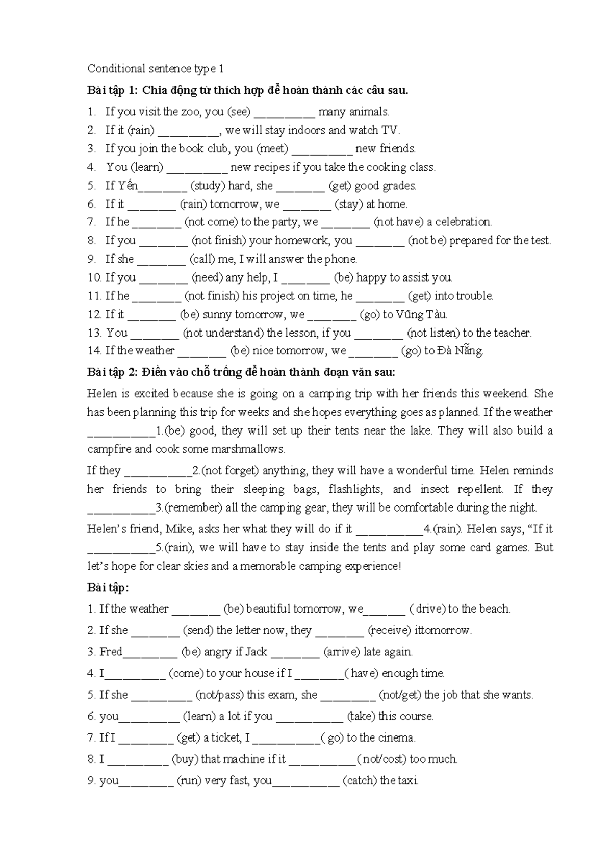 Conditional Sentences Type 1 Exercises and Practice - Studocu
