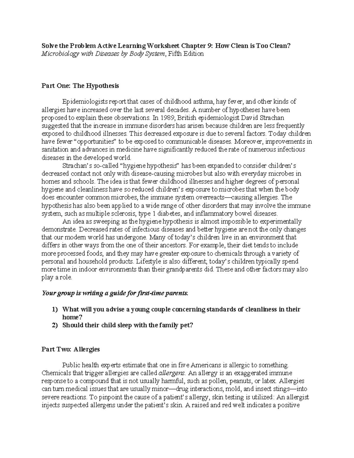 Active Learning Worksheet: Chapter 9 Hygiene Hypothesis Issues - Studocu
