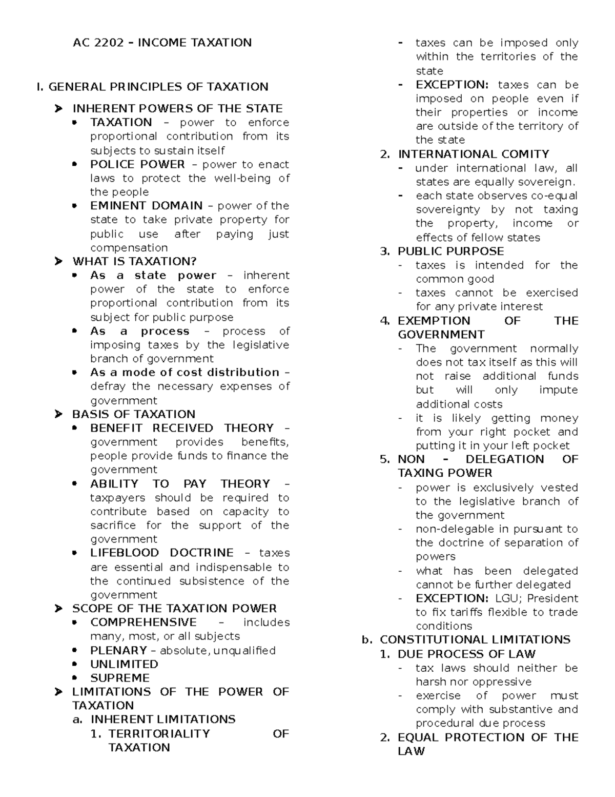 AC 2202 INCOME TAXATION I: General Principles and Taxation Powers - Studocu