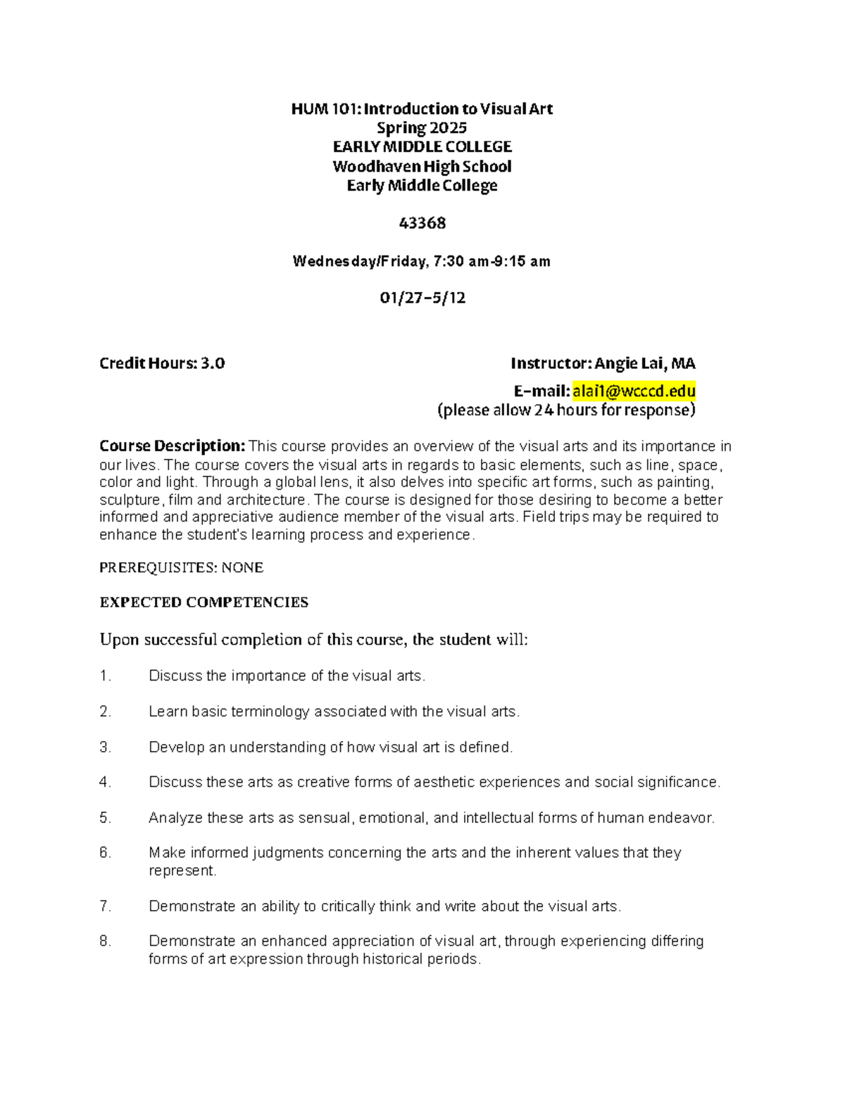 HUM 101: Intro to Visual Art - Spring 2025 Course Overview - Studocu