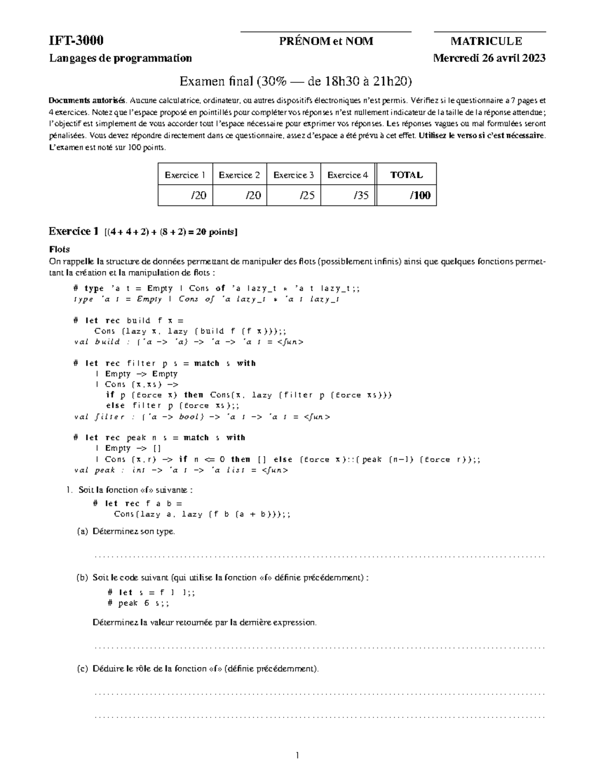 IFT-3000 Examen Final - Langages de Programmation - 26 avril 2023 - Studocu