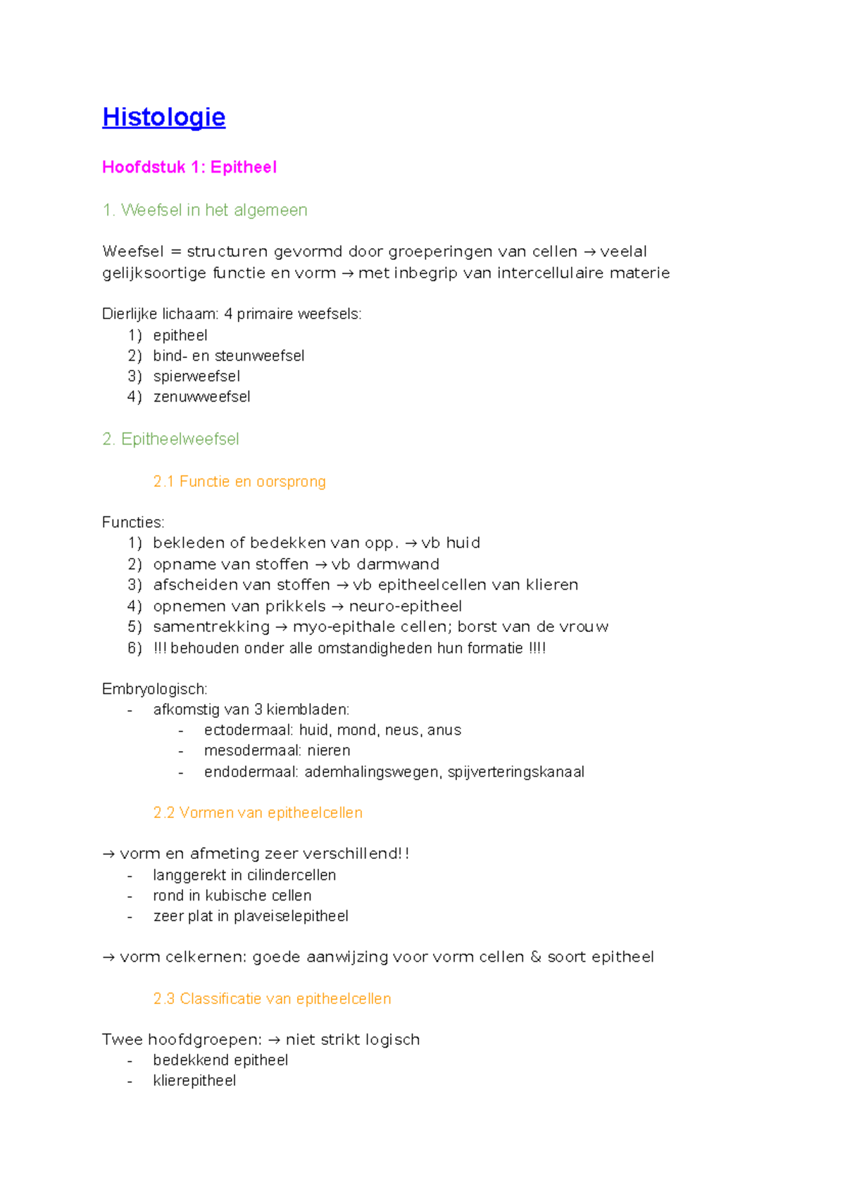 Histologie Hoofdstuk 1-4: Epitheel, Bindweefsel en Kraakbeen ...