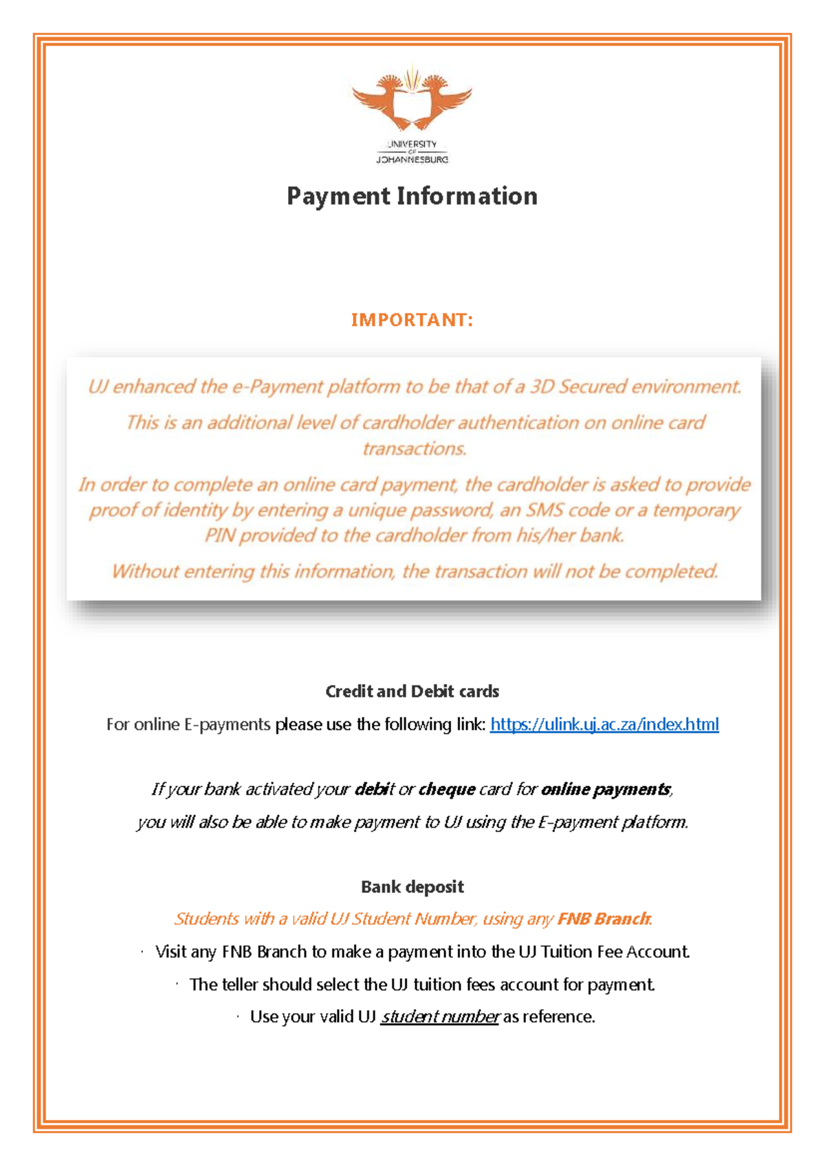 UJ Payment Info: Credit/Debit Card & Bank Deposit Guidelines - Studocu